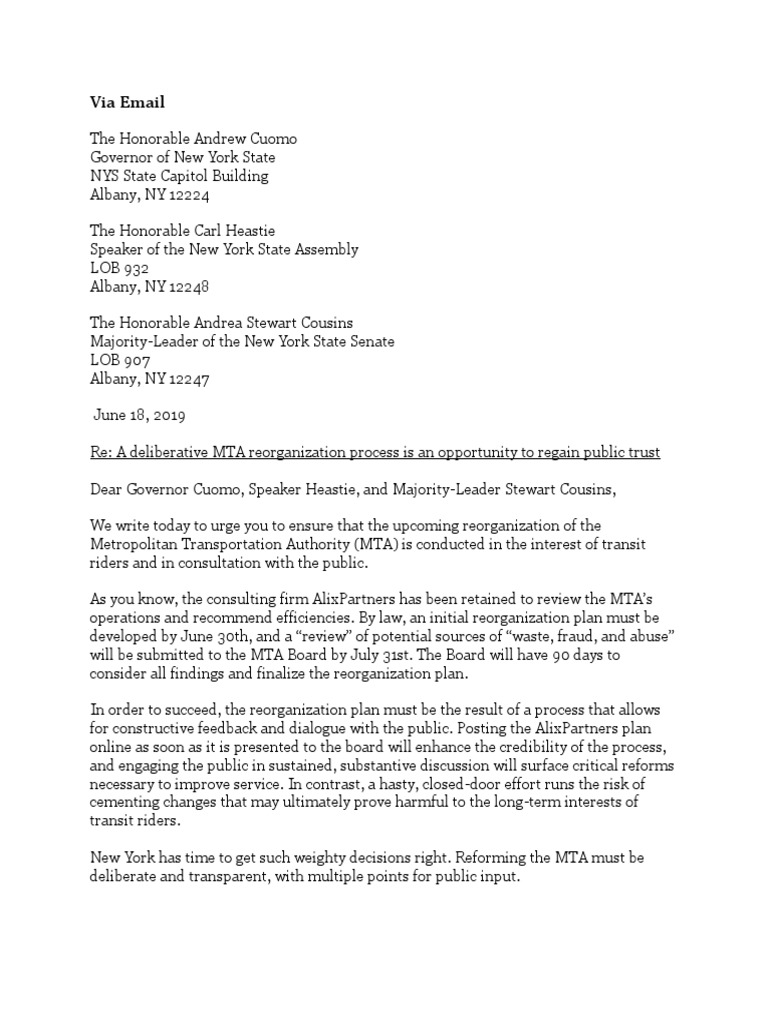 MTA Reorganization Letter and Brief | Long Island Rail Road | Transport