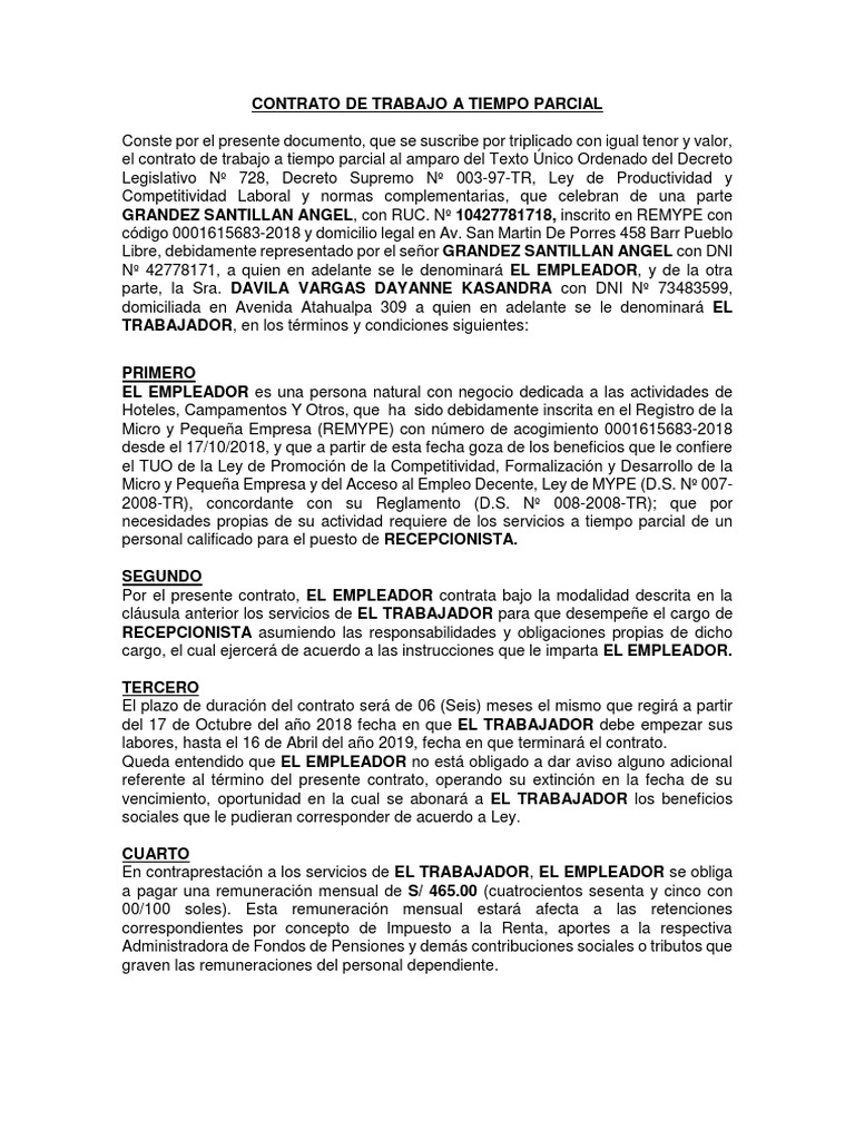 Modelo de Contrato de Trabajo A Tiempo Parcial | PDF | Derecho laboral ...