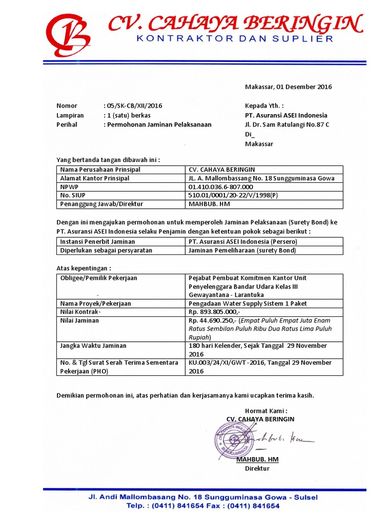 Surat Permohonan Surety Bond | PDF