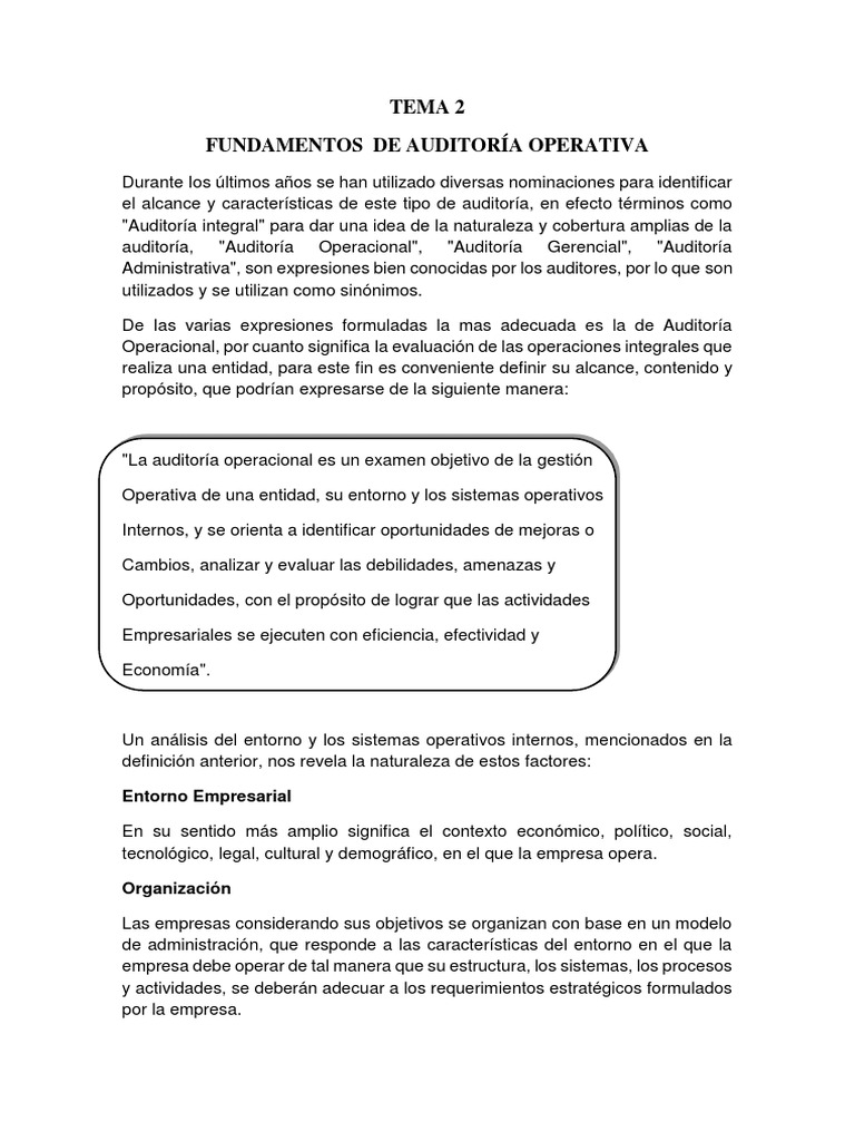 Tema 2 Fundamentos de La Auditoria Operativa PDF | PDF | Planificación | Auditoría