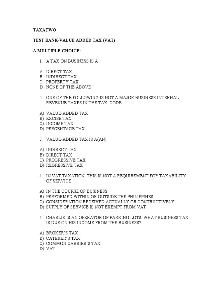 VAT Test Bank for Business Taxation | PDF | Value Added Tax | Invoice