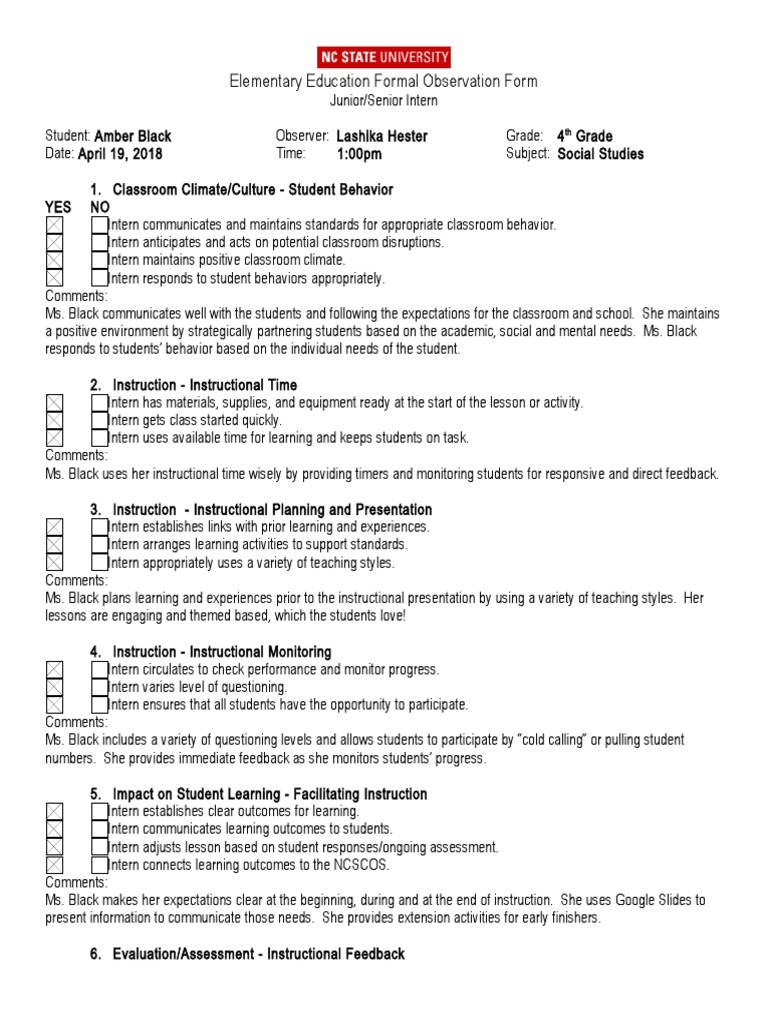 4th Grade Social Studies Observation | PDF | Classroom Management ...