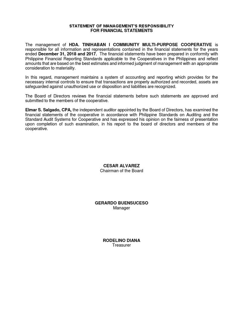 Statement of Management'S Responsibility For Financial Statements | PDF ...