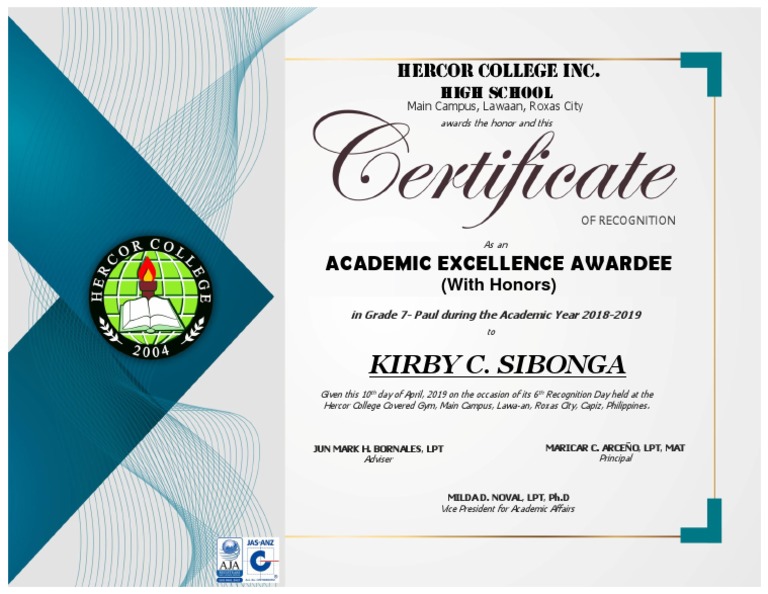 JHS Recognition Day Certificate Template 2019 | PDF