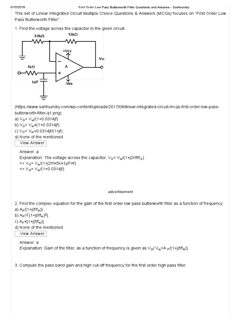 First Order Low Pass Butterworth MCQs | PDF | Low Pass Filter ...