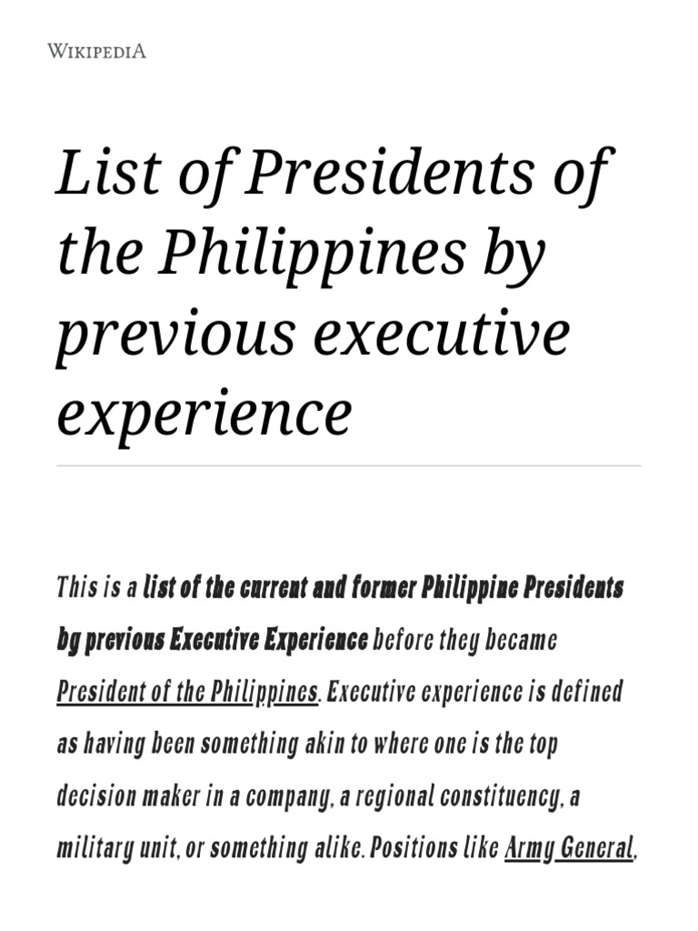List of Presidents of The Philippines by Previous Executive Experience ...