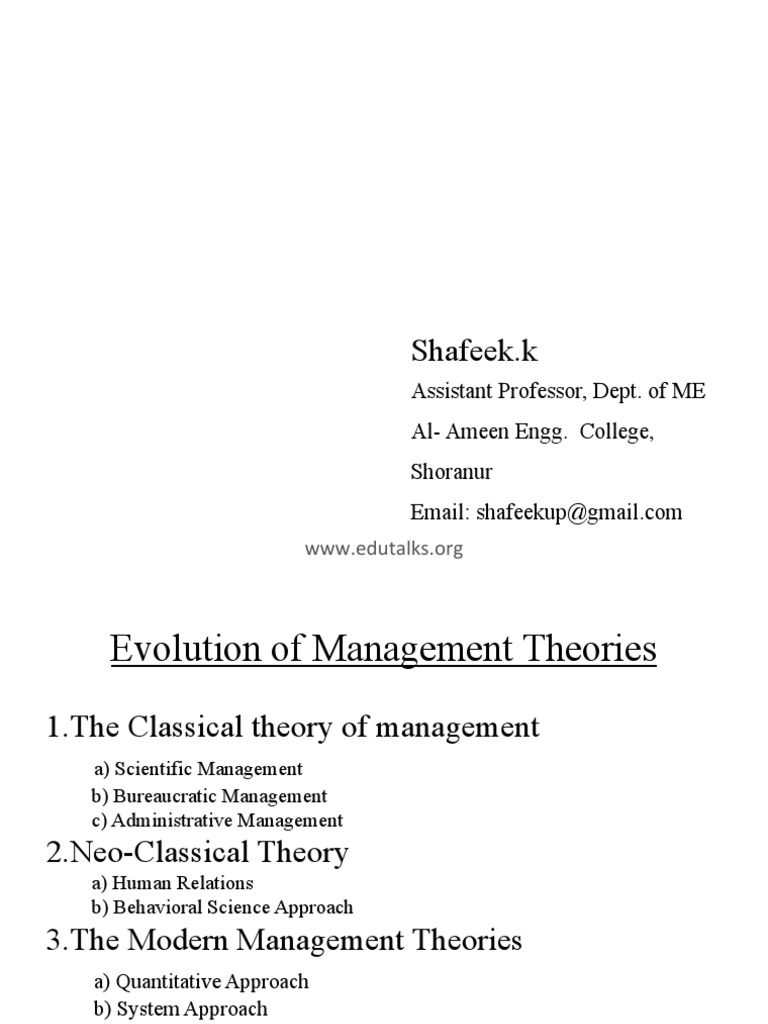Evolution of Management Theory-Principles of Management | PDF | System ...