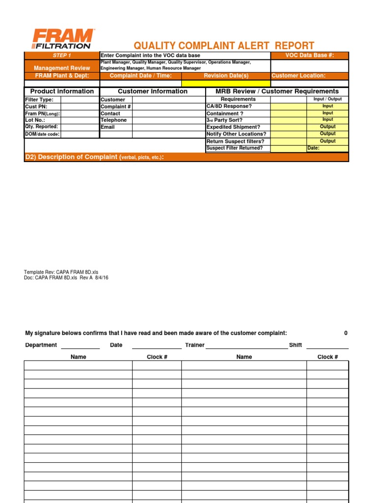 Quality Complaint Alert Report: Product Information Customer ...