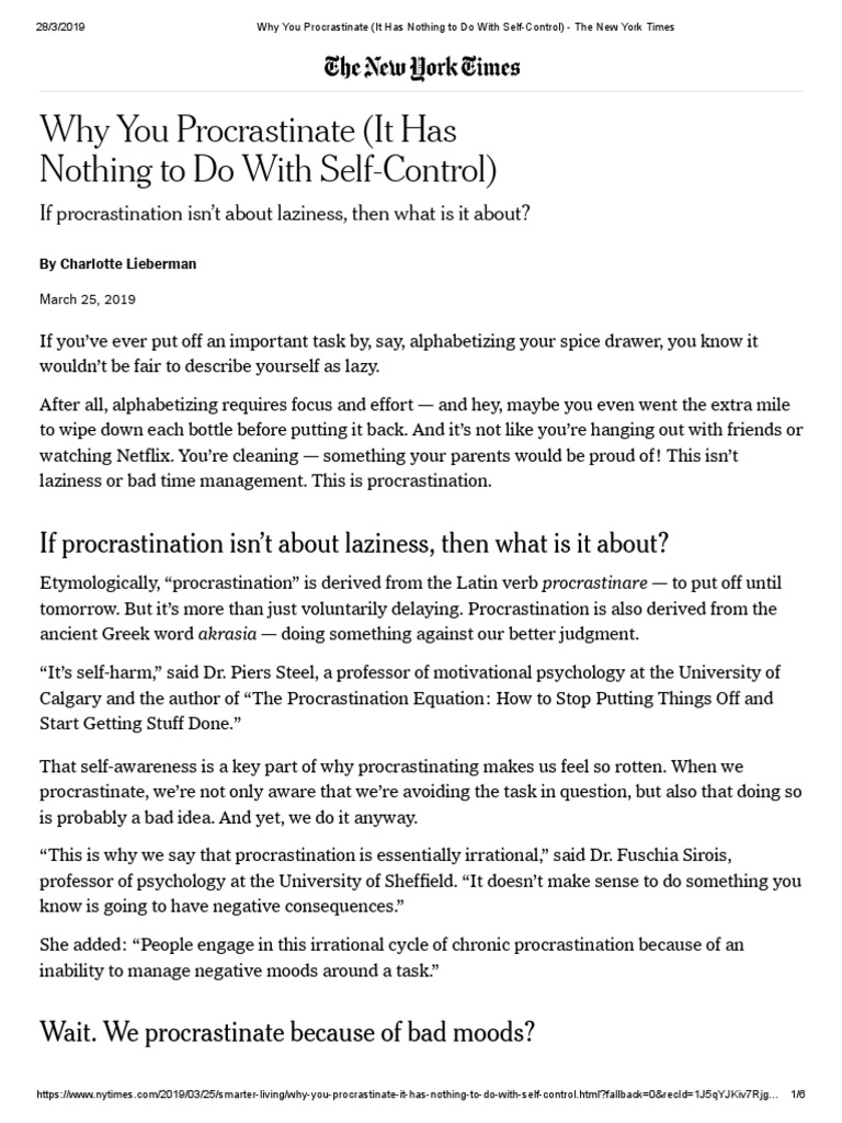 Why You Procrastinate (It Has Nothing To Do With Self-Control) - The New York Times | PDF ...