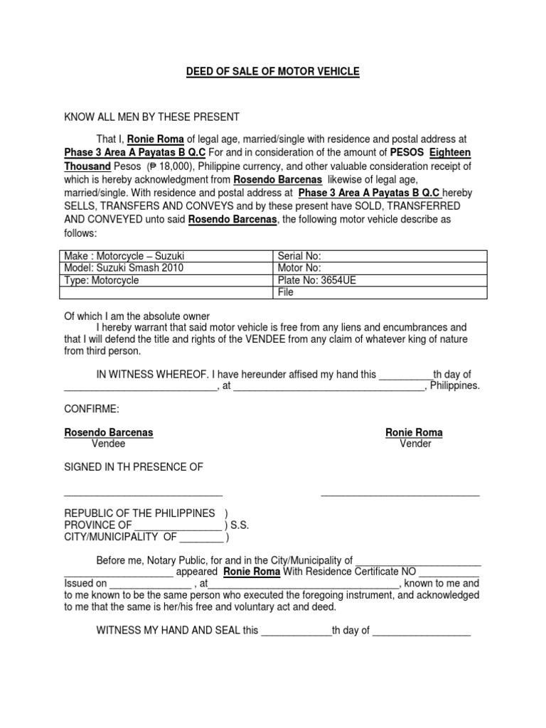 Transfer of Ownership and Warranty: Motorcycle Sale Agreement | PDF ...
