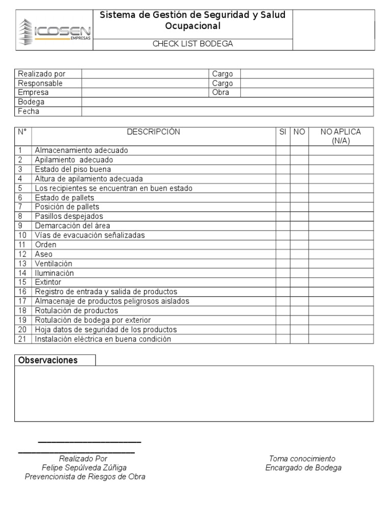 Check List Bodega | PDF