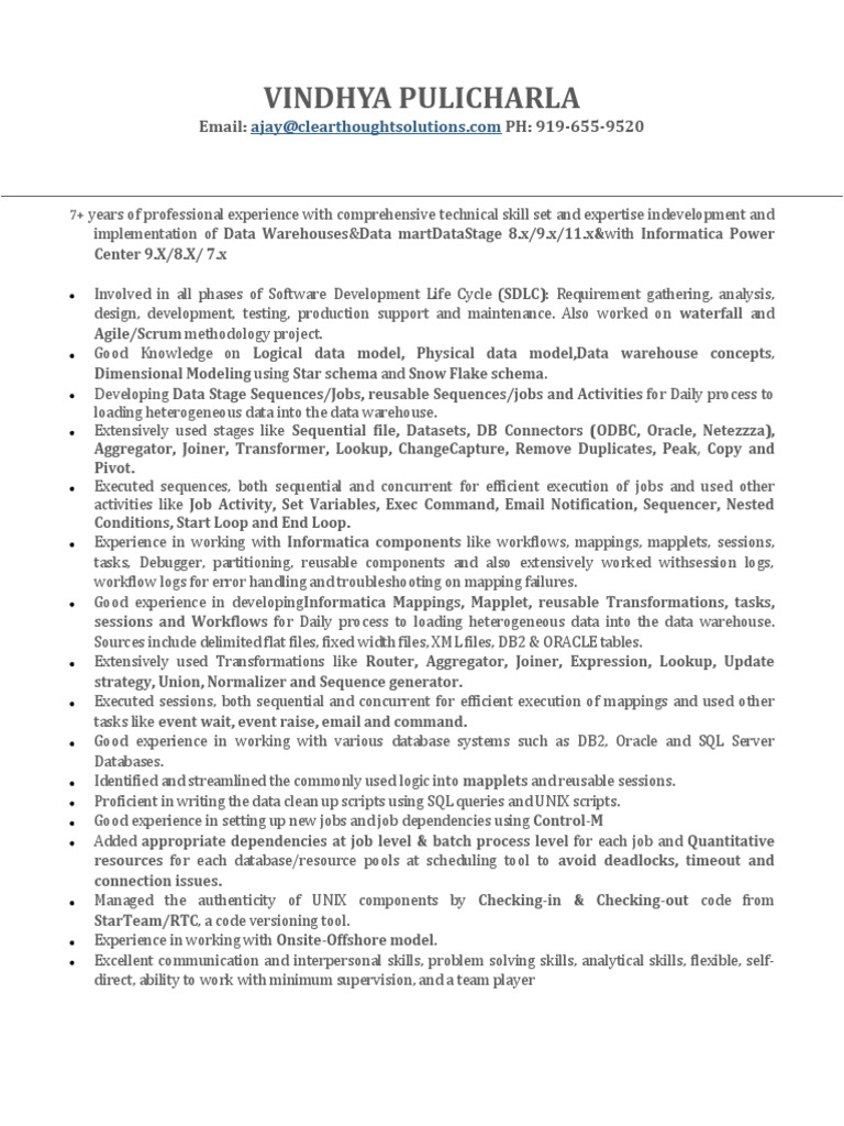 Vindhya Pulicharla: Email: PH: 919-655-9520 | PDF | Oracle Database | Microsoft Sql Server