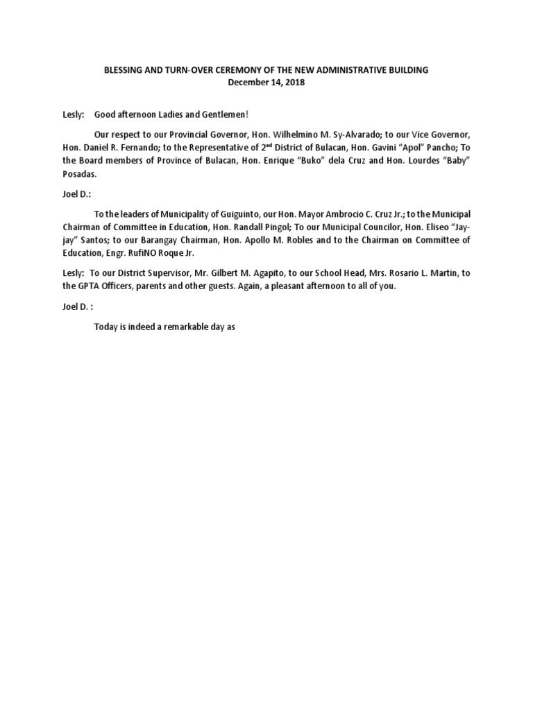 Blessing and Turn Over Ceremony of Admin Building Emcee Script | PDF