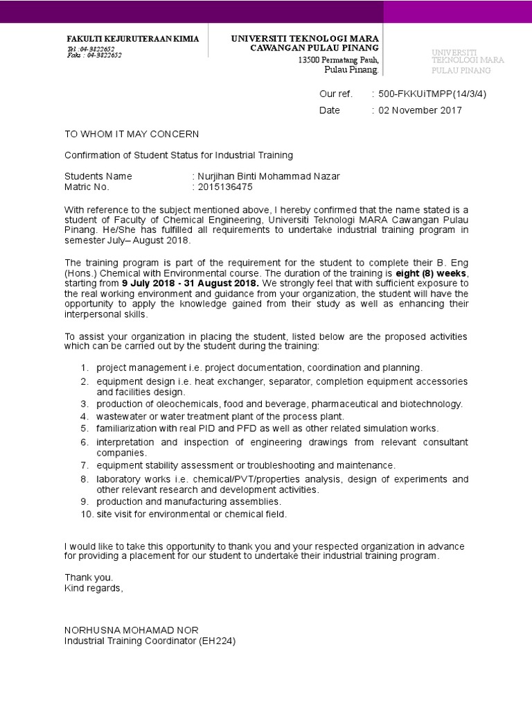 Nurjihan - Confirmation Letter | PDF | Chemical Engineering | Science