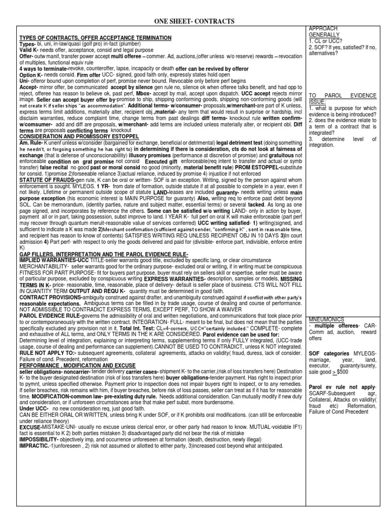 One Sheet - Contracts | PDF | Assignment (Law) | Offer And Acceptance