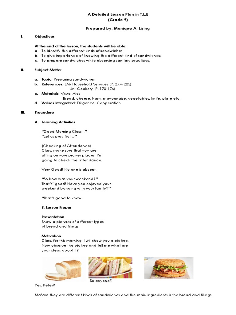 Grade 9 Sandwich Preparation Lesson Plan | PDF | Sandwich | Grilling
