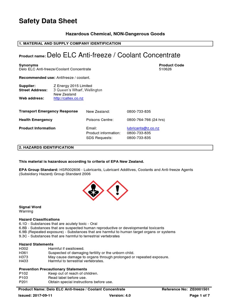 Delo ELC Anti Freeze Coolant Concentrate SDS | PDF | Dangerous Goods ...