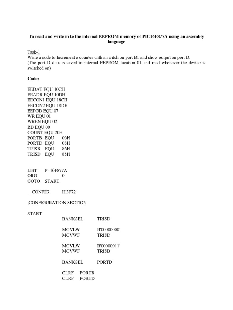 To Read And Write In To The Internal Eeprom Memory Of Pic16f877a Using An Assembly Language