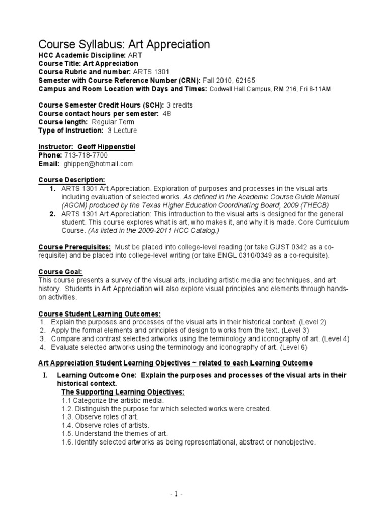 Course Syllabus: Art Appreciation: (AGCM) Produced by The Texas Higher ...