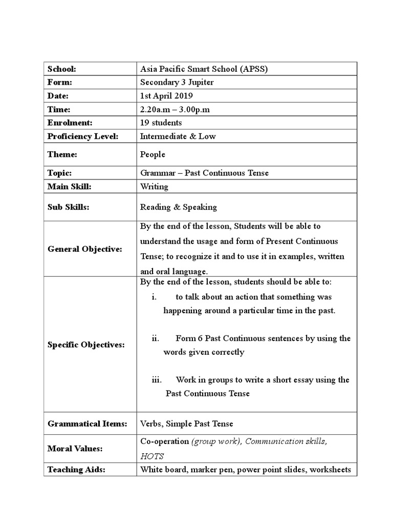 Past Continuous Tense Lesson Plan | PDF | Grammatical Tense | Cognition