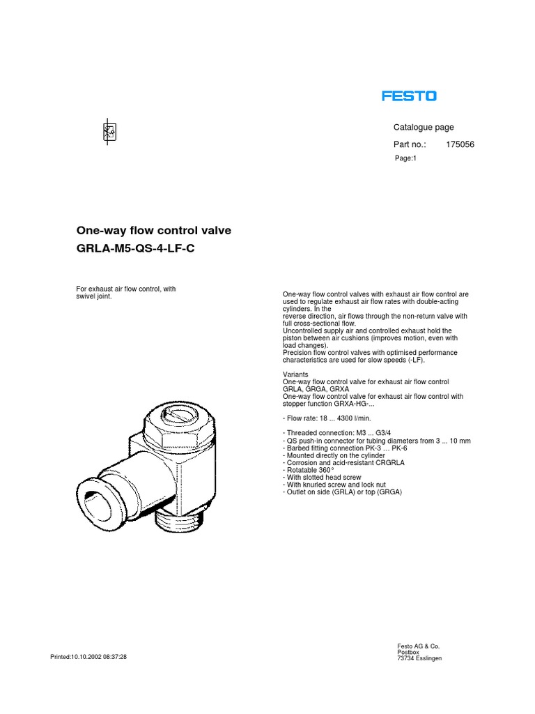 One-Way Flow Control Valve GRLA-M5-QS-4-LF-C: Catalogue Page | PDF ...