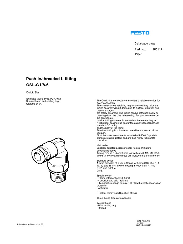 Push-In/threaded L-Fitting QSL-G1/8-6: Catalogue Page | PDF | Pipe ...
