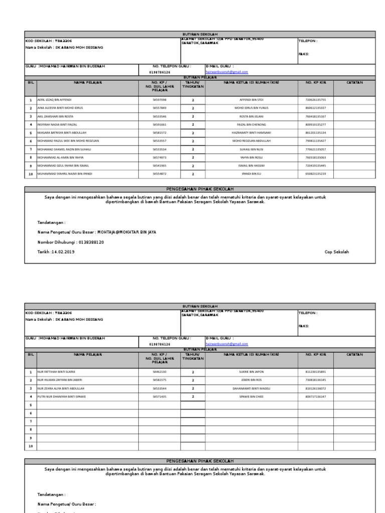 Borang Pakaian Seragam 2019 - Template | PDF