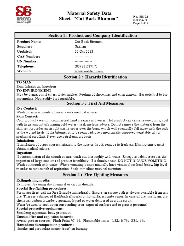 Material Safety Data Sheet "Cut Back Bitumen": Section 1: Product and ...