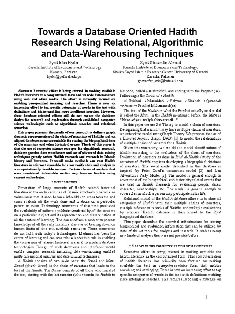 Towards A Database Oriented Hadith Research Using Relational, Algorithmic and Data-Warehousing ...