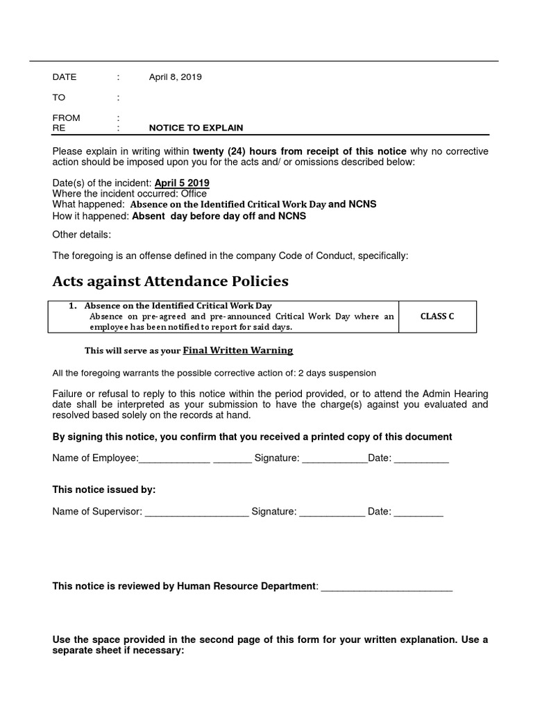 Acts Against Attendance Policies: Notice To Explain | PDF