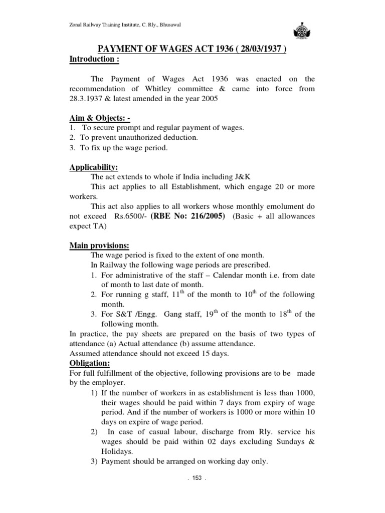 PAYMENT OF WAGES ACT 1936 (28/03/1937) : Zonal Railway Training Institute, C. Rly., Bhusawal ...