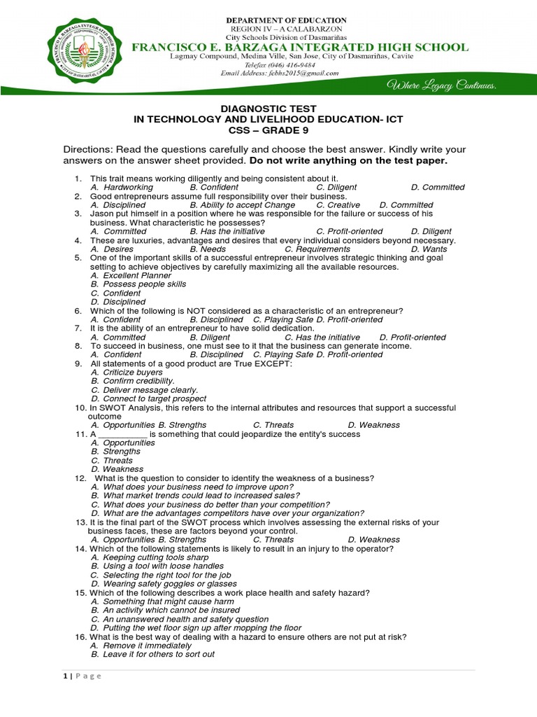 Diagnostic Test in Technology and Livelihood Education-Ict CSS - Grade ...