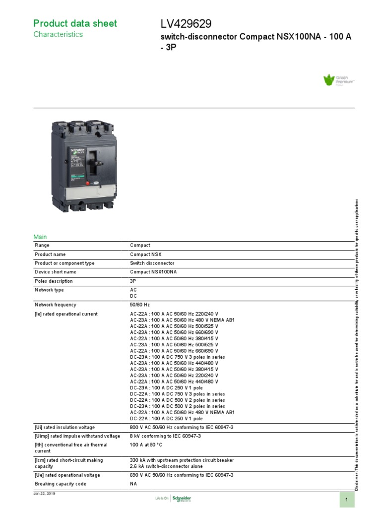 Data Sheet for the Compact NSX100NA 100A 3-Pole Switch-Disconnector: Technical Specifications ...