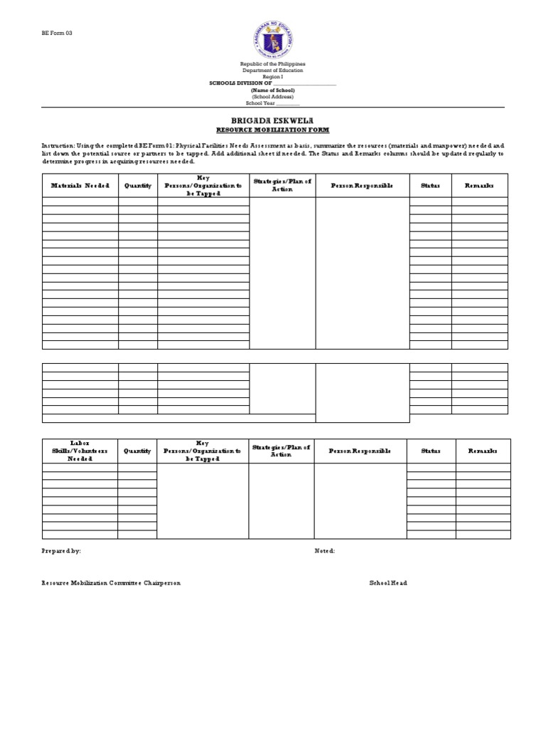 Brigada Eskwela Resource Mobilization Form | PDF