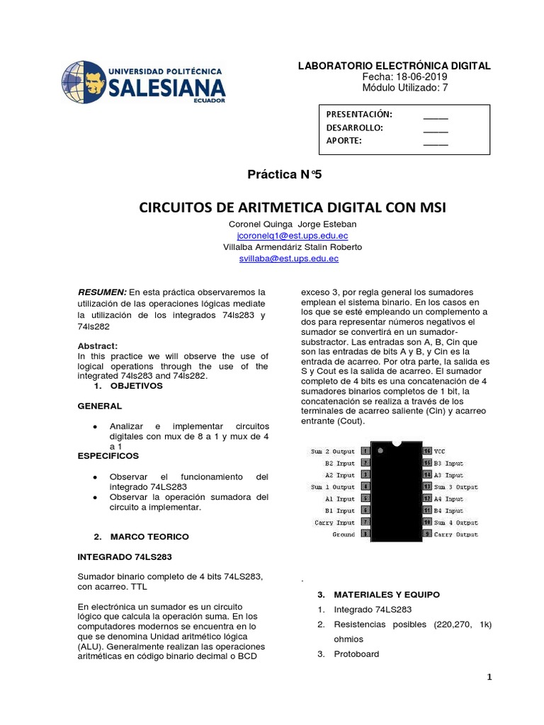 Circuitos Aritméticos con 74LS283 | PDF | Decimal codificado en binario | Electrónica digital
