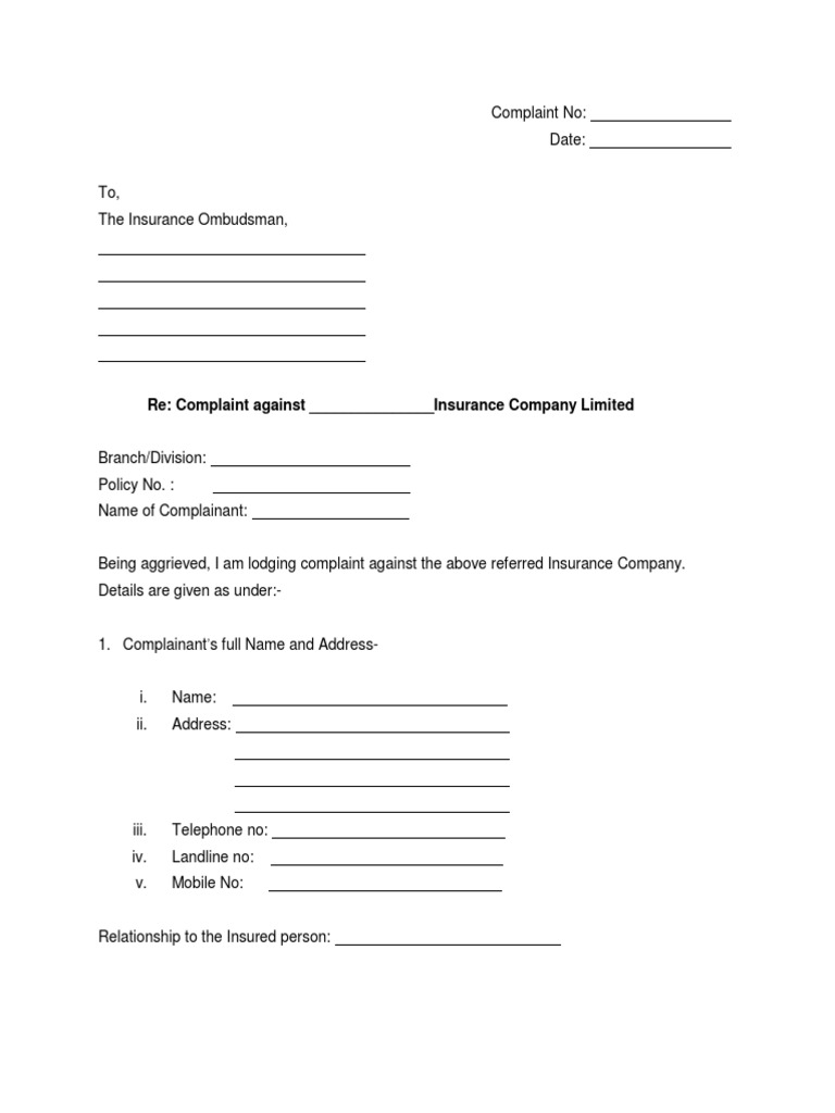 Format For Filing Complaint Before Ombudsman | PDF | Insurance | Complaint