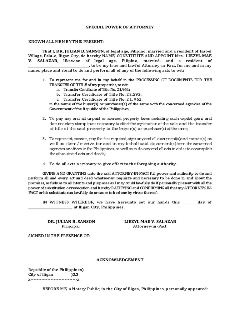 SPA (Transfer Title) | Download Free PDF | Power Of Attorney | Title ...