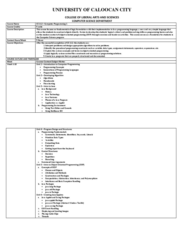 Bscs Obe Syllabus For Computer Programming 1 Pdf Programming Language Object Oriented 2900