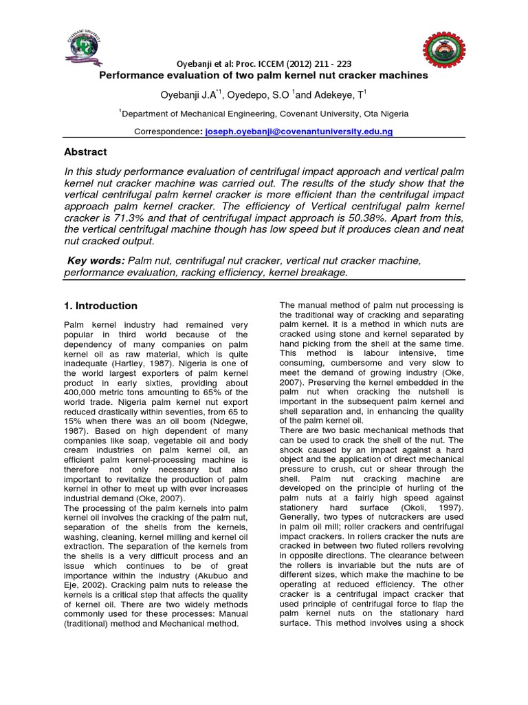 Performance Evaluation of Two Palm Kernel Nut Cracker Machines | PDF ...
