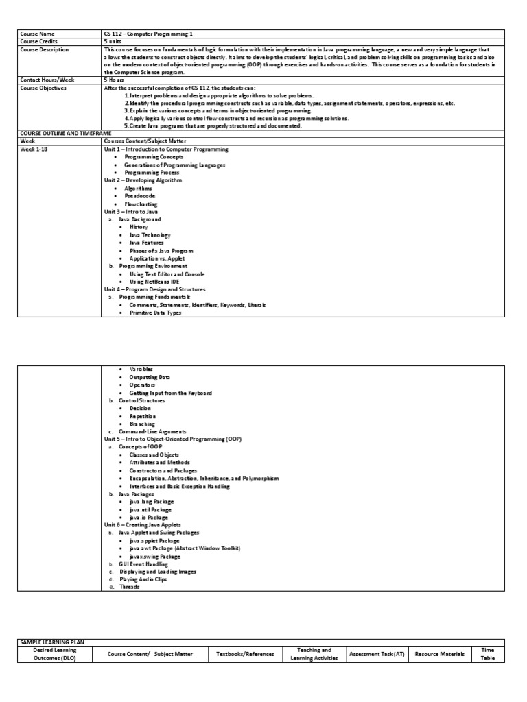 Obe Syllabus For Computer Programming 1 Pdf Programming Language Object Oriented Programming 
