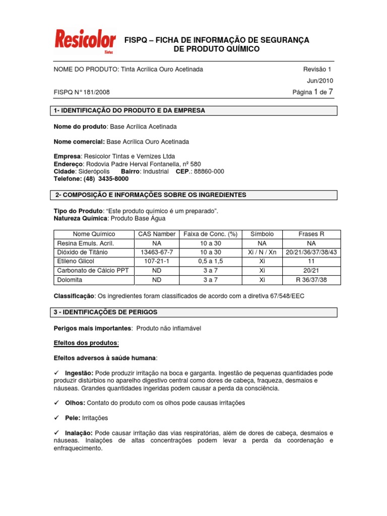 FISPQ Tinta Acrílica | PDF | Embalagem e rotulagem | Primeiros socorros
