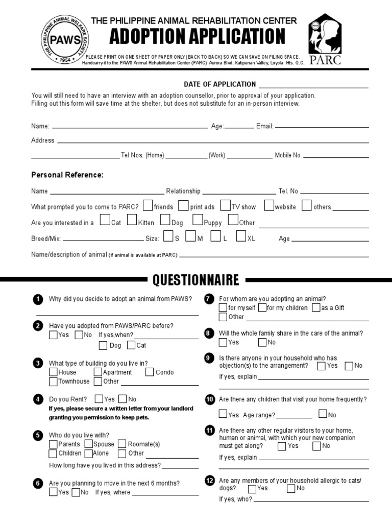 PARC Pet Adoption Application Form | PDF | Neutering | Pet