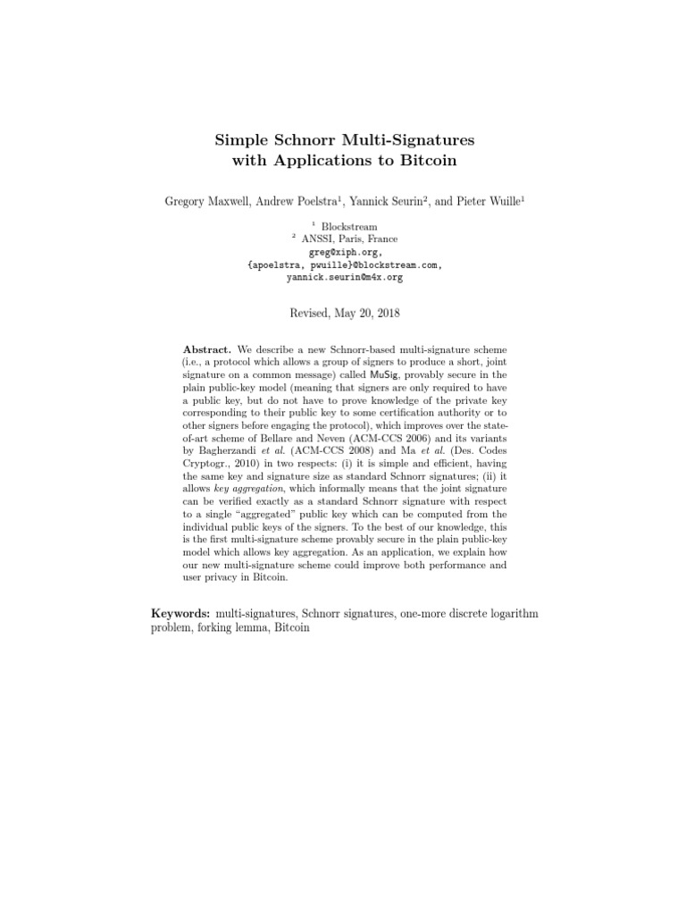 Simple Schnorr Multi-Signatures With Applications To Bitcoin | PDF ...
