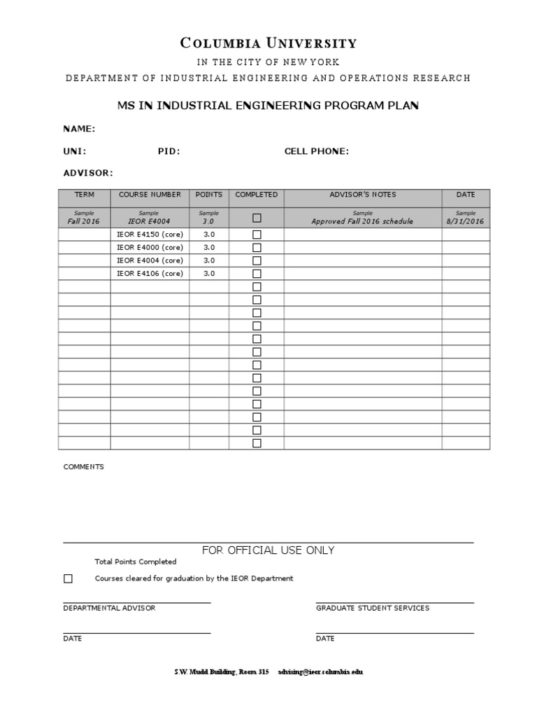 Olumbia Niversity: Ms in Industrial Engineering Program Plan | PDF ...