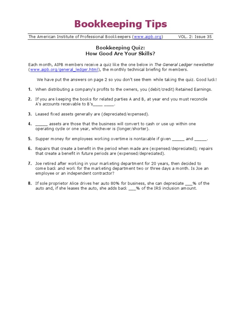 Bookkeeping Tips: Bookkeeping Quiz: How Good Are Your Skills? | PDF ...