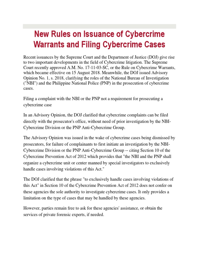 New Rules On Issuance of Cybercrime Warrants and Filing Cybercrime ...