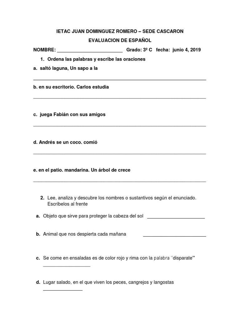 EVALUACION DE ESPAÑOL 3ER GRADO | PDF