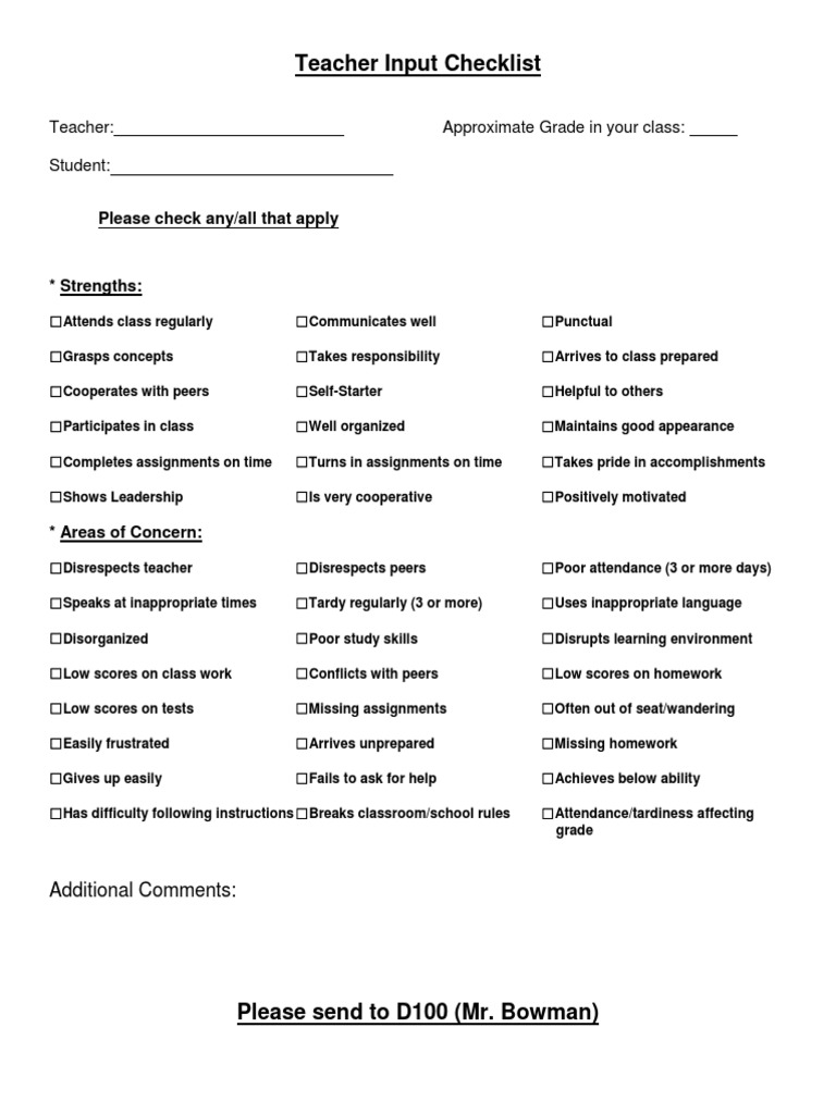 Teacher Input Checklist for Student Evaluation | PDF
