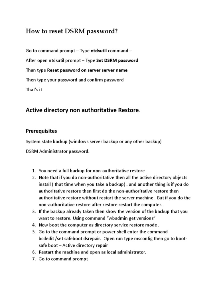 How To Reset DSRM Password?: Prerequisites | PDF | Active Directory ...