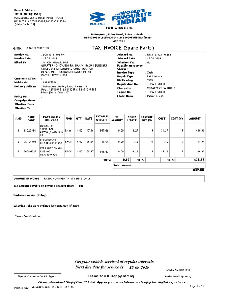TAX INVOICE (Spare Parts) : Get Your Vehicle Serviced at Regular ...